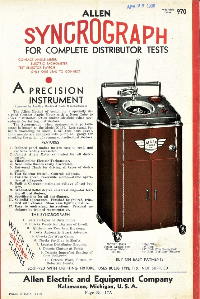 Allen Electric Co Syncrograph Distributor Tester Owners Manual Tune-up ...