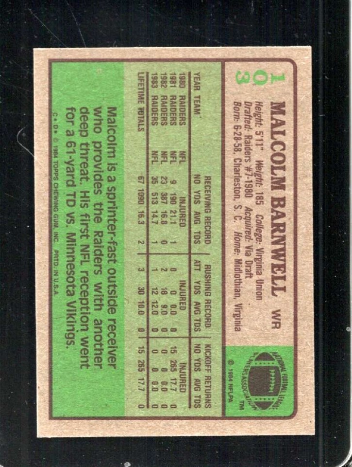 1984 TOPPS #103 MALCOLM BARNWELL EXMT (RC) LA RAIDERS NICELY CENTERED ...