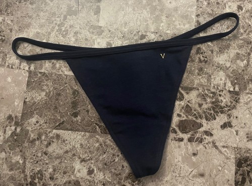 NWT VICTORIA'S SECRET S M NAVY BLUE GOLD LOGO STRETCH V STRING THONG ...