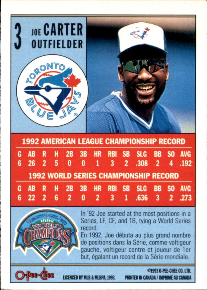 Joe Carter 1993 O-Pee-Chee #3 Toronto Blue Jays FREE SHIPPING ...