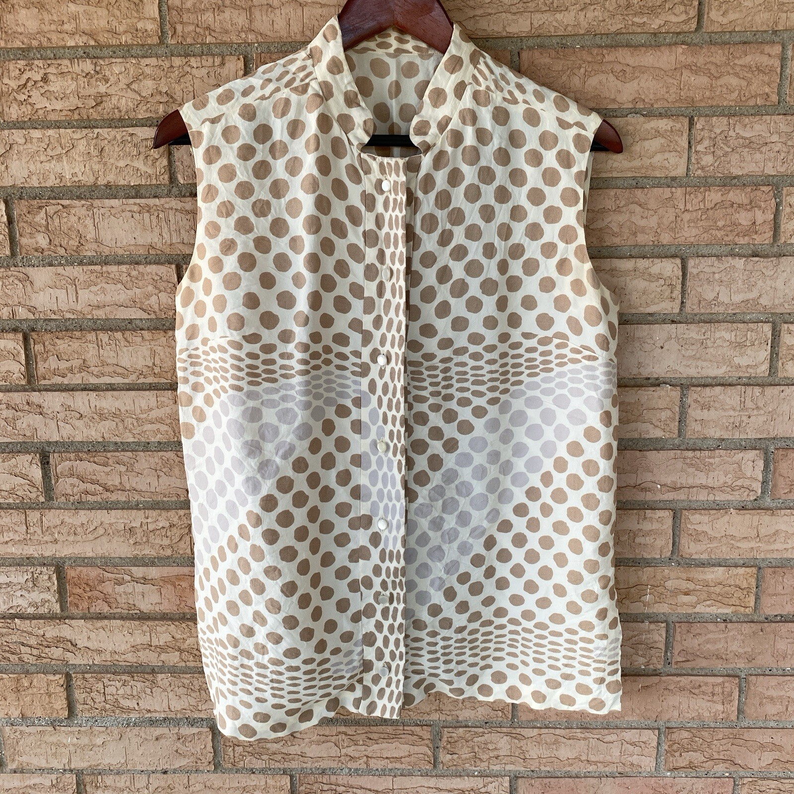 60s 70s MOD Cream Beige Gray Polka Dot Sleeveless Tun… - Gem