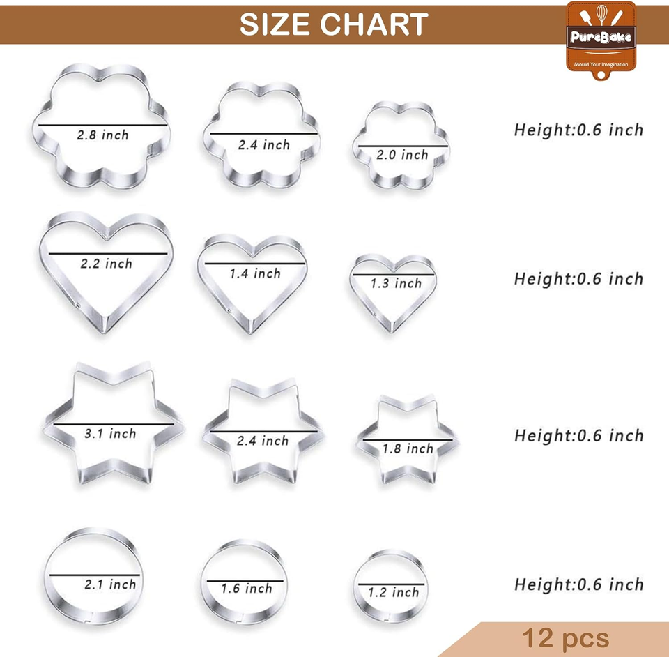 Purebake Cookie Cutters Shapes Baking Set, 12PCS Flower round Heart ...
