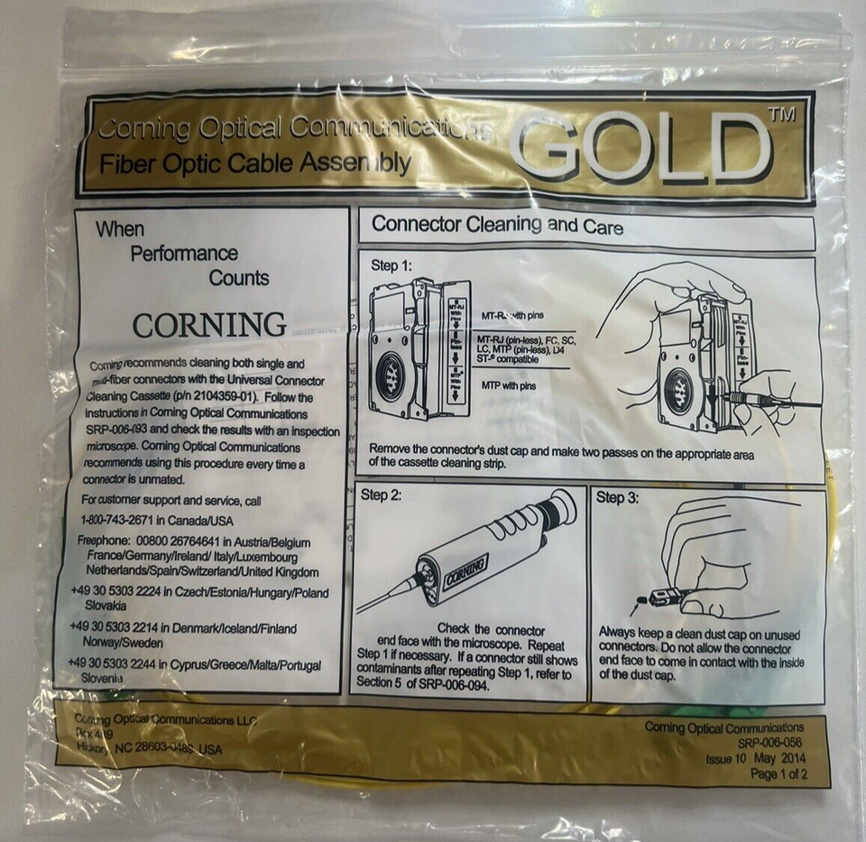 Corning Fiber Optic Cable Assembly GOLD 2F SM Zipcord SCAPC Simplex 10 ...