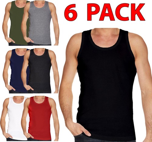 6 Pack Mens Vests 100% Cotton Plain Tank Gym Sports Summer Training ...