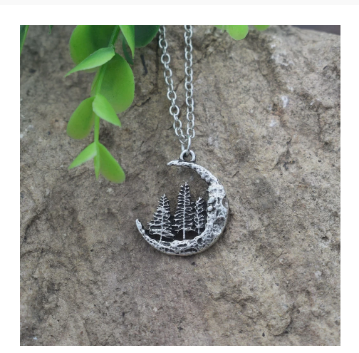 CRESCENT MOON TREE FOREST pendant 20" 925 Sterling Silver plated ...