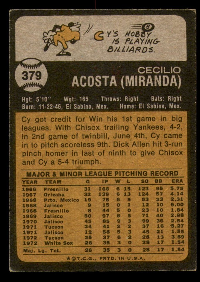 1973 Topps #379 Cy Acosta Excellent+ RC Rookie White Sox | eBay