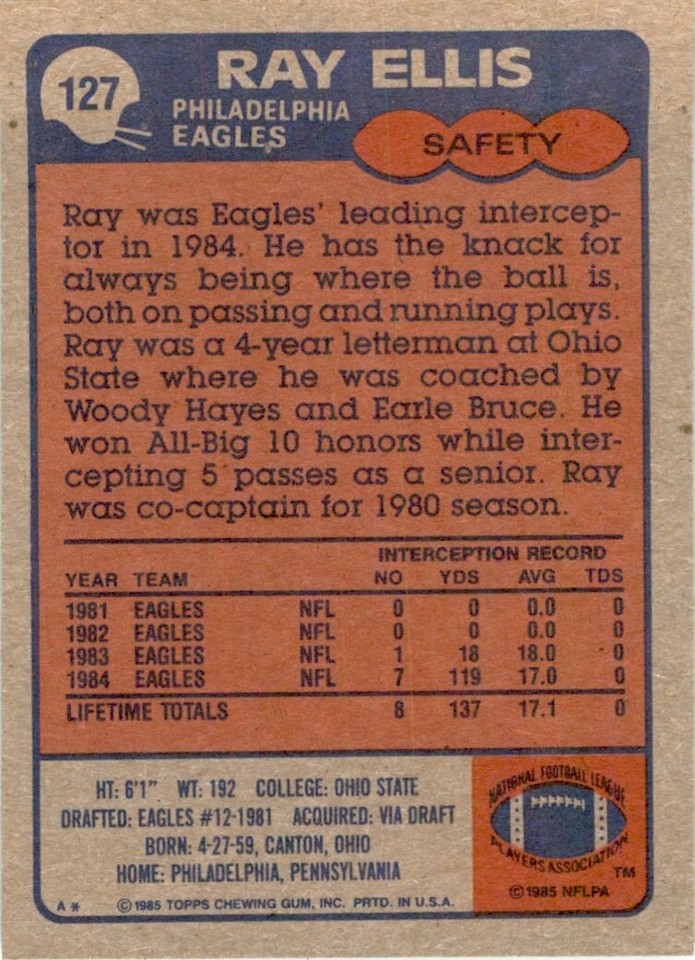 1985 TOPPS RAY ELLIS PHILADELPHIA EAGLES #127 | eBay