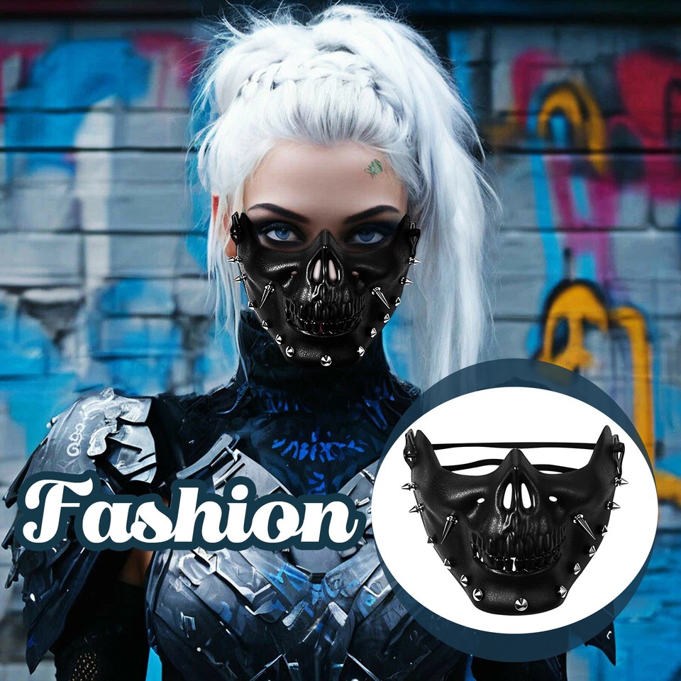 Steampunk Skull Half Face Mask PU Leather Spiked Gothic Mask Halloween ...