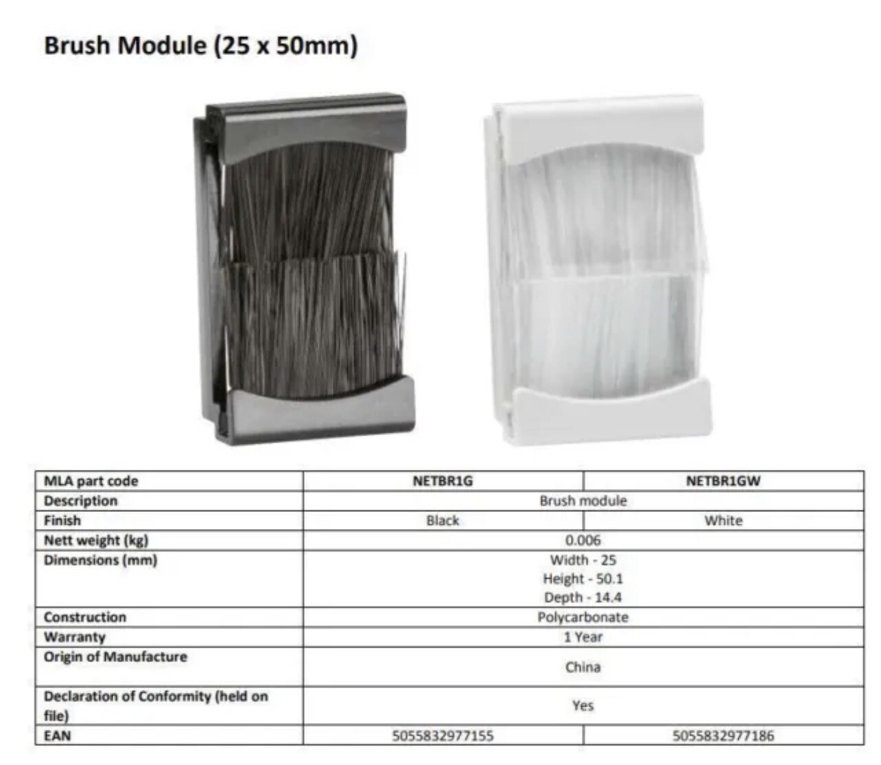 Black 25mm x 50mm Cable Management Brush Module for Flat Plate ...