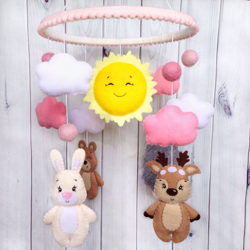 Baby Mobile Forest Animals Felt Pink Girl Nursery Decor Baby Gift Cot ...