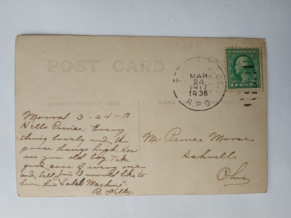 MORRAL OHIO REAL PHOTO POSTCARD 1917 EAST NEFF ST PROSPECT MARION WALDO ...