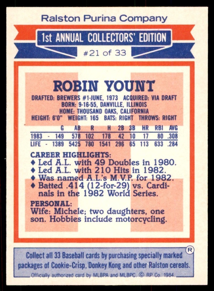 1984 Topps Ralston Purina Robin Yount . Milwaukee Brewers #21. | eBay