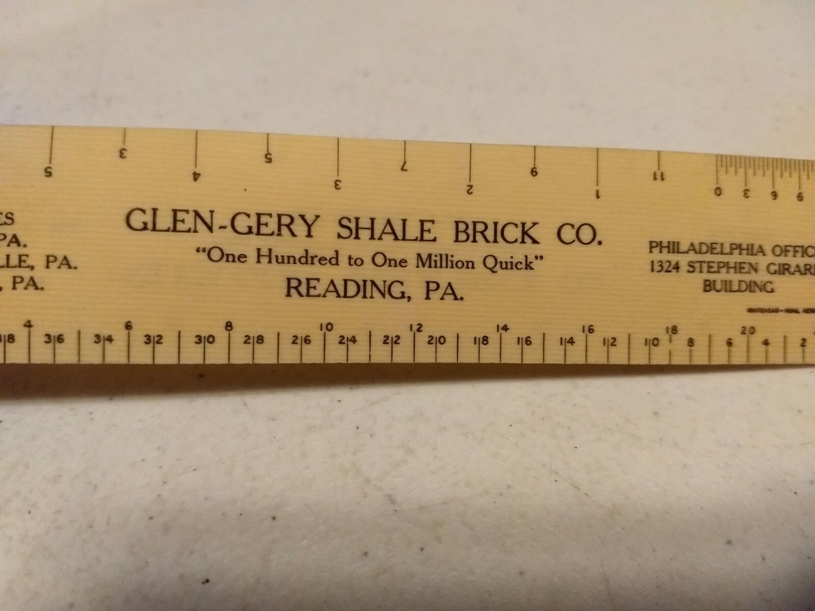 Vtg Glen-Gery Shale Brick Celluloid Ruler Reading Shoemakersville ...