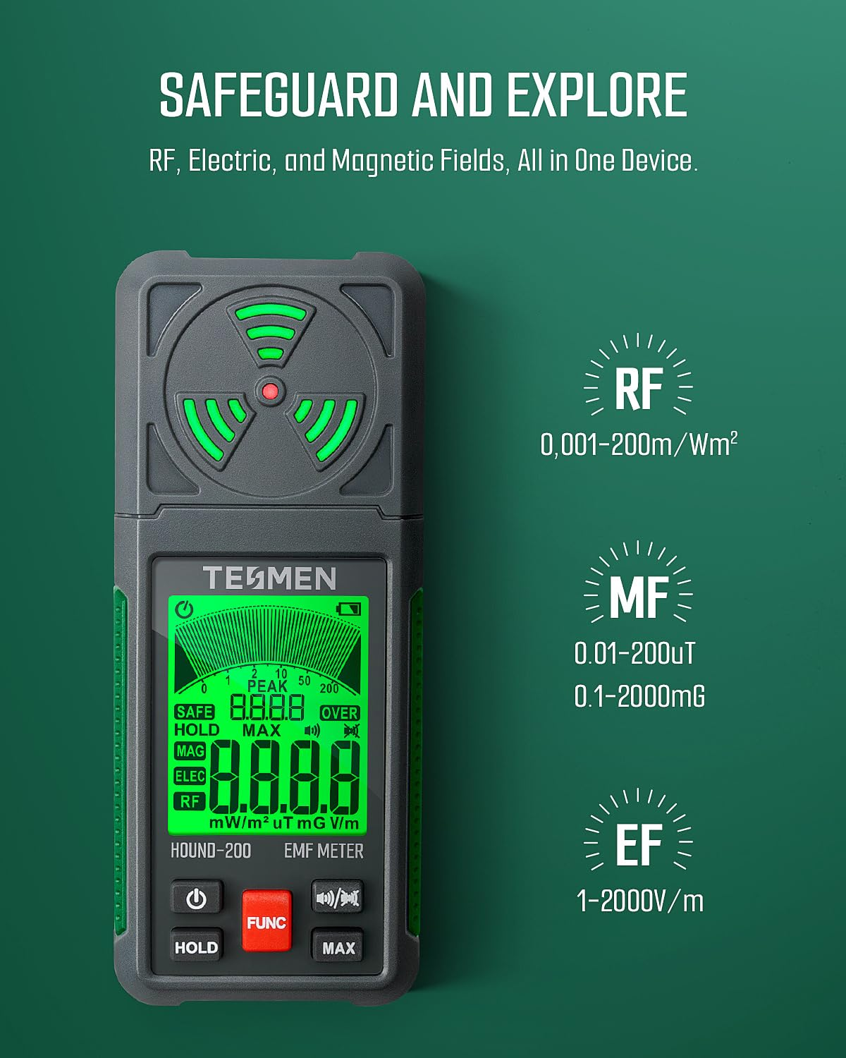 Hound-200 EMF Meter: 3-in-1 Portable Radiation Detector for Home ...