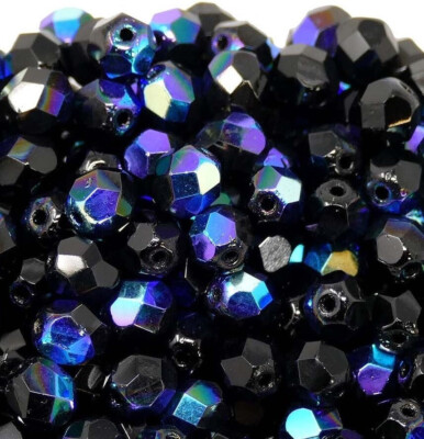 6mm Czech Faceted Jet Black AB Firepolish Glass Beads (25) | eBay