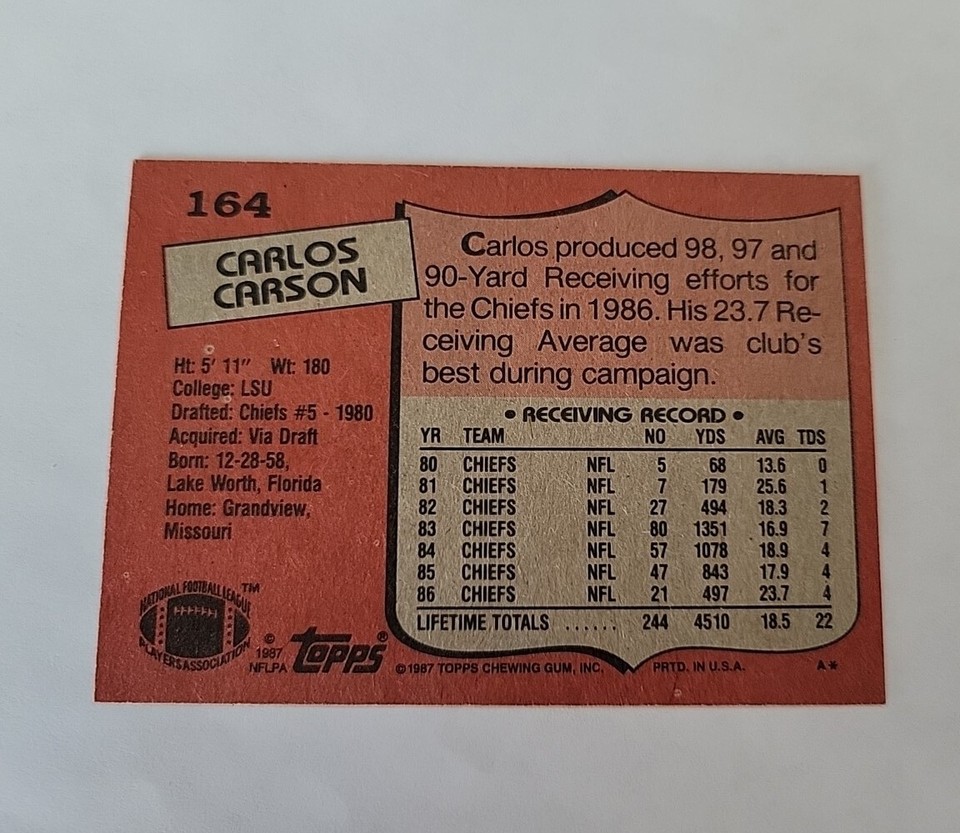 Carlos Carson 1987 Topps Kansas City Chiefs #164 Vintage Football CARD ...