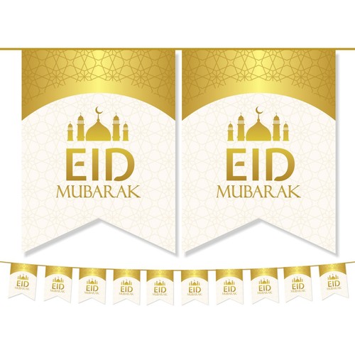 Happy Eid Mubarak Bunting Party Flags - White & Gold - Geometric ...