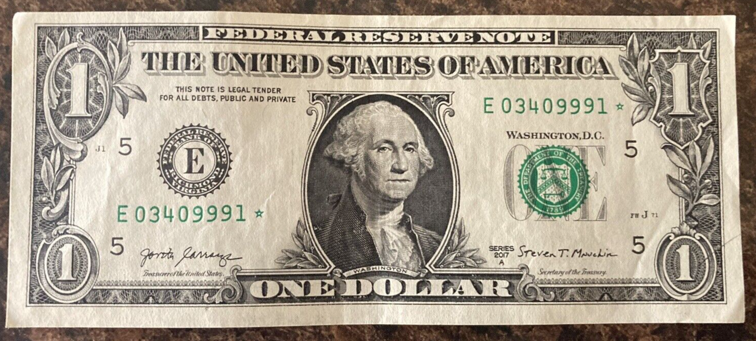 Rare Low Run Low Print Star Note 1 Dollar Bill 2017 E 03409991* Error ...