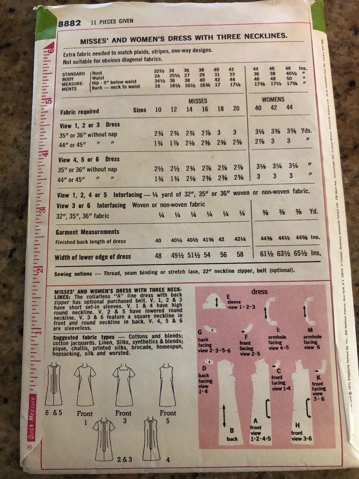 🌼 1971 SIMPLICITY #8882-LADIES DRESS w/THREE NECKLINE VARIATIONS ...