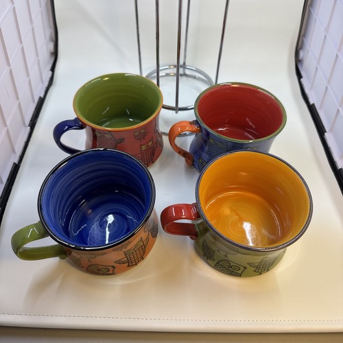 Pier 1 Stackable Owl Mug Set of 4 w/ Storage Rack Colorful Stoneware ...