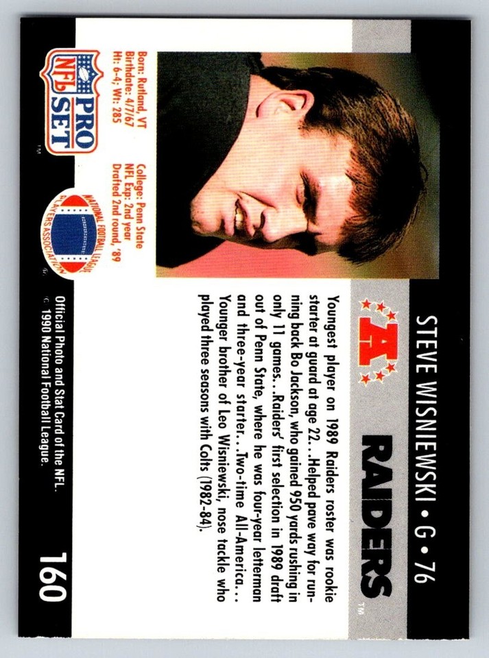 1990 Pro Set #160 Steve Wisniewski Los Angeles Raiders | eBay