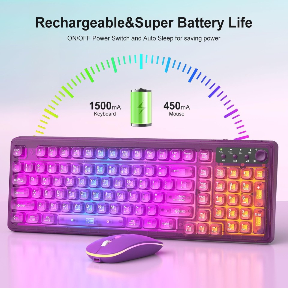 Purple Light Up Keyboard and Mouse Wireless,Cute 2.4Ghz Cordless ...