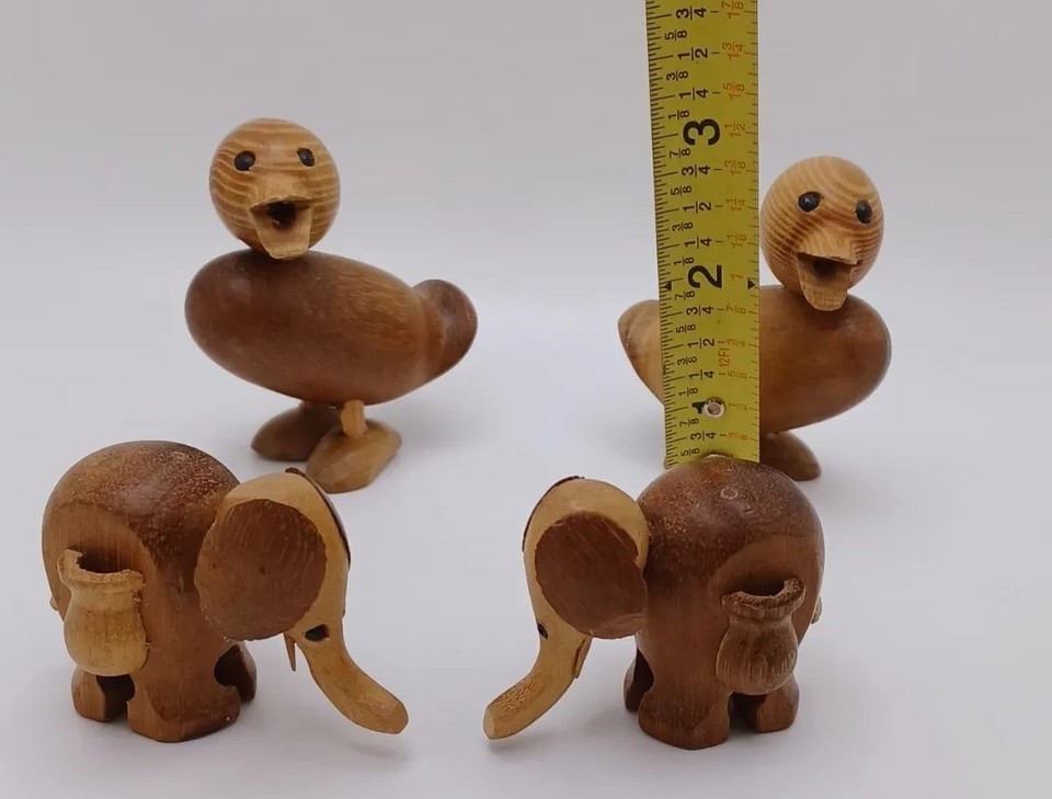 Miniature Small Wooden Animal Figurines , Set Of 4 Ducks and Elephants ...