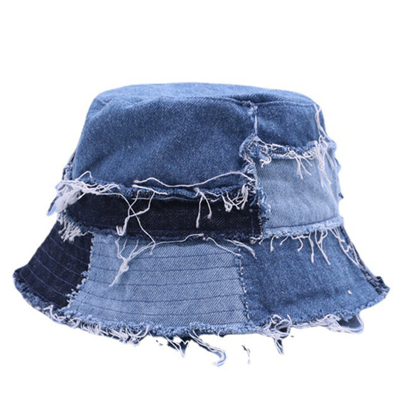 Men Lady Denim Bucket Hat Fisherman Cap Distressed Splice Two Tone ...
