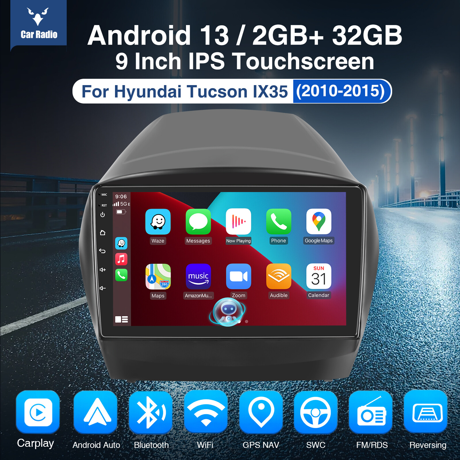 9" Carplay Stereo Radio Android13 GPS NAV +AHD&MIC For Hyundai Tucson ...