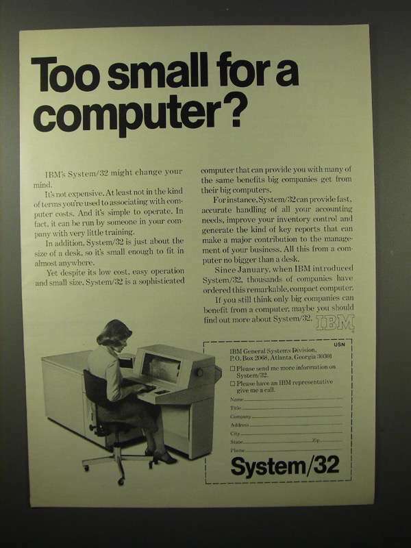 1975 IBM System/32 Computer Ad - Too Small For? | eBay