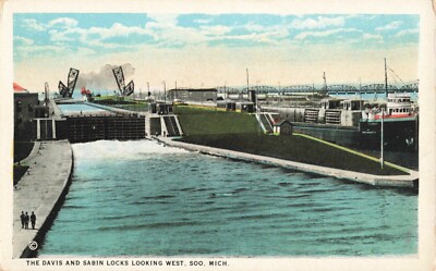 Postcard Davis and Sabin Locks Looking West Soo Michigan | eBay