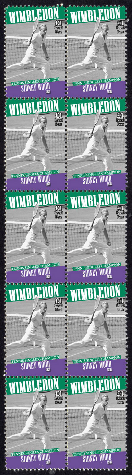 SIDNEY WOOD 1931 MENS WIMBLEDON TENNIS CHAMPION STRIP OF 10 MINT STAMPS ...
