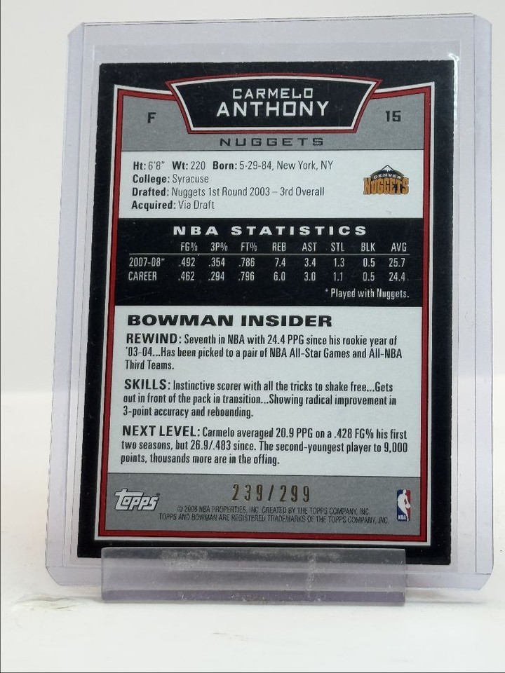 CARMELO ANTHONY 2008-09 BOWMAN BASKETBALL ORANGE NUGGETS /299 Q2674 | eBay