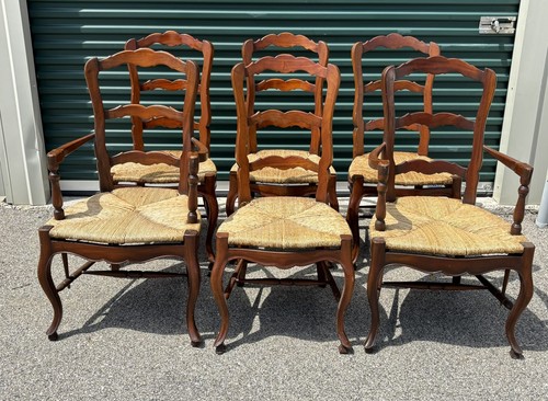 Vintage Country French High Ladder Back Dining Chairs with Rush Seats ...