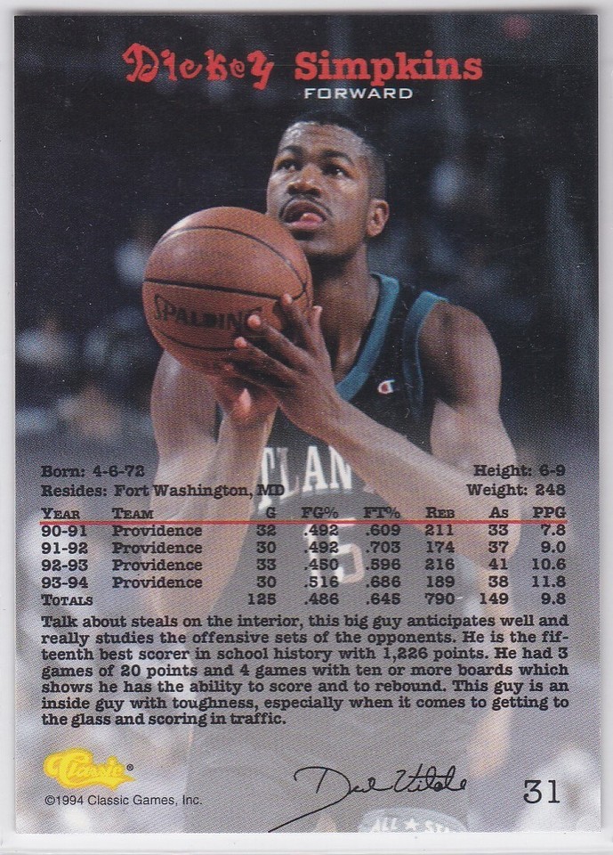 M) 1994-95 Classic Trading Card Basketball Dickey Simpkins #31 | eBay