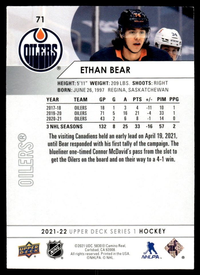 2021-22 Upper Deck Ethan Bear Edmonton Oilers #71 10213 | eBay