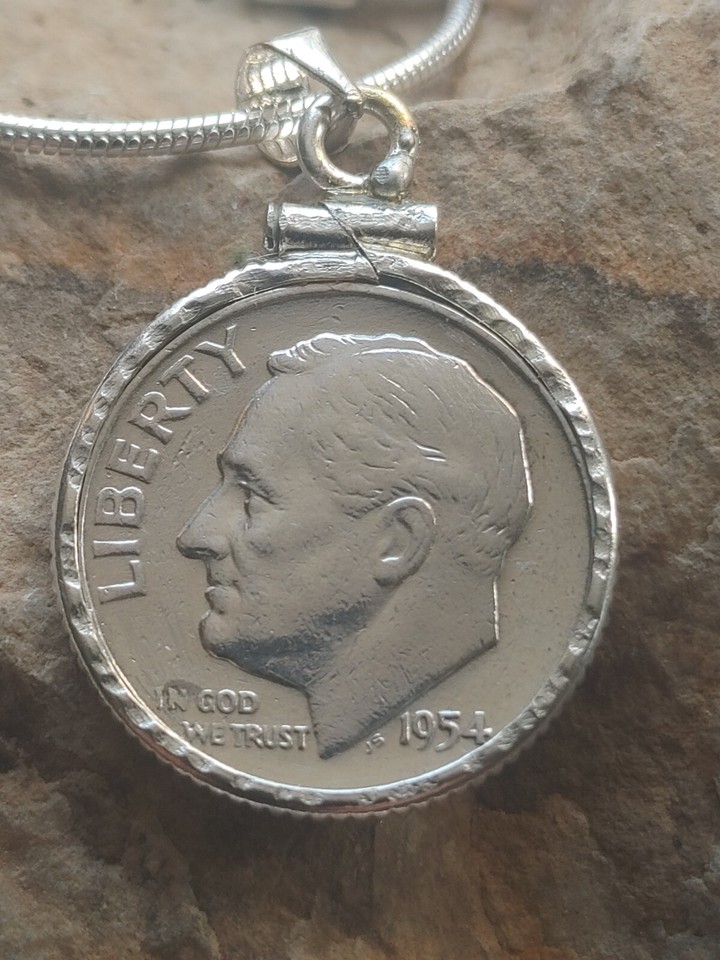 1954 S Bright Roosevelt Silver Dime Birthyear Pendant 24" .925 Sterling ...
