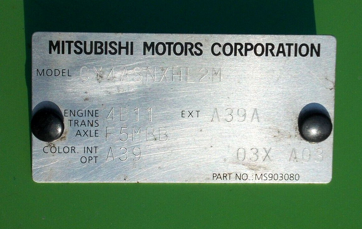 MITSUBISHI LANCER 2008 MOTOR ID TAG GTS MS903080 OEM ENGINE 4B11 TRANS ...