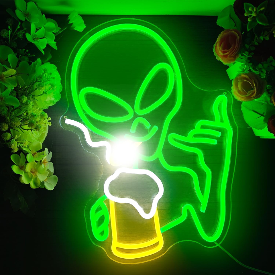 Green Alien Neon Sign for Wall Decor Dimmable Alien Beer Bar Neon Sign ...