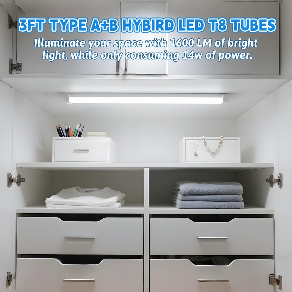 3FT LED Tube Light, T8 T10 Type B Bulb, 14W(30W Equiv), 1600LM High ...