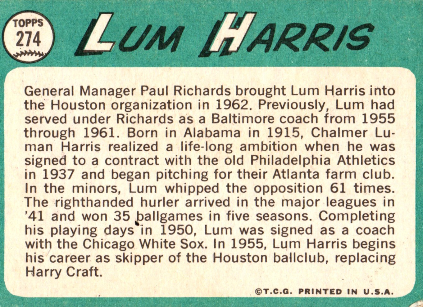 1965 Topps - #274 Lum Harris for sale online | eBay