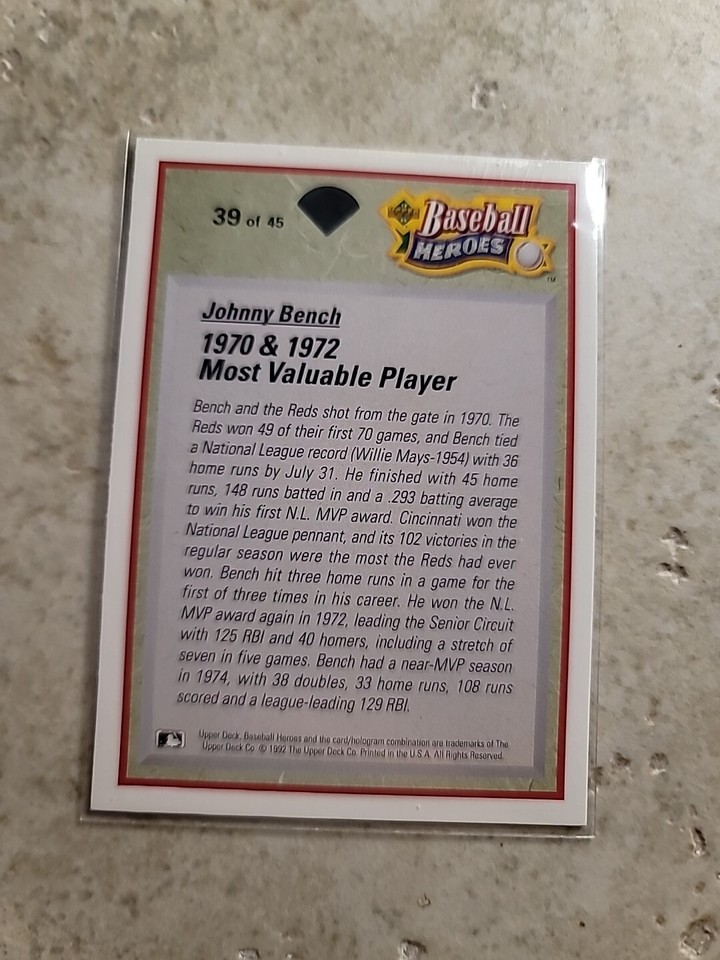 1992 Upper Deck #39 Johnny Bench Baseball Heroes | eBay