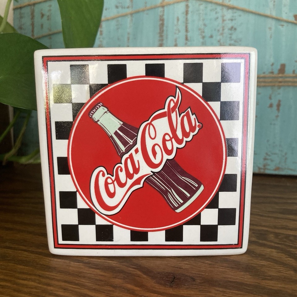 Vtg Coca-Cola Napkin Holder Black & White Checkerboard Ceramic Bottle ...