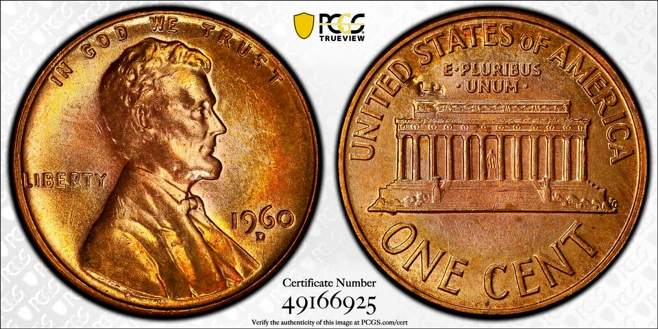 PCGS MS-64 RED! 1960-D CENT DROPPED LETTER ERROR "E" ABOVE MEMORIAL ...
