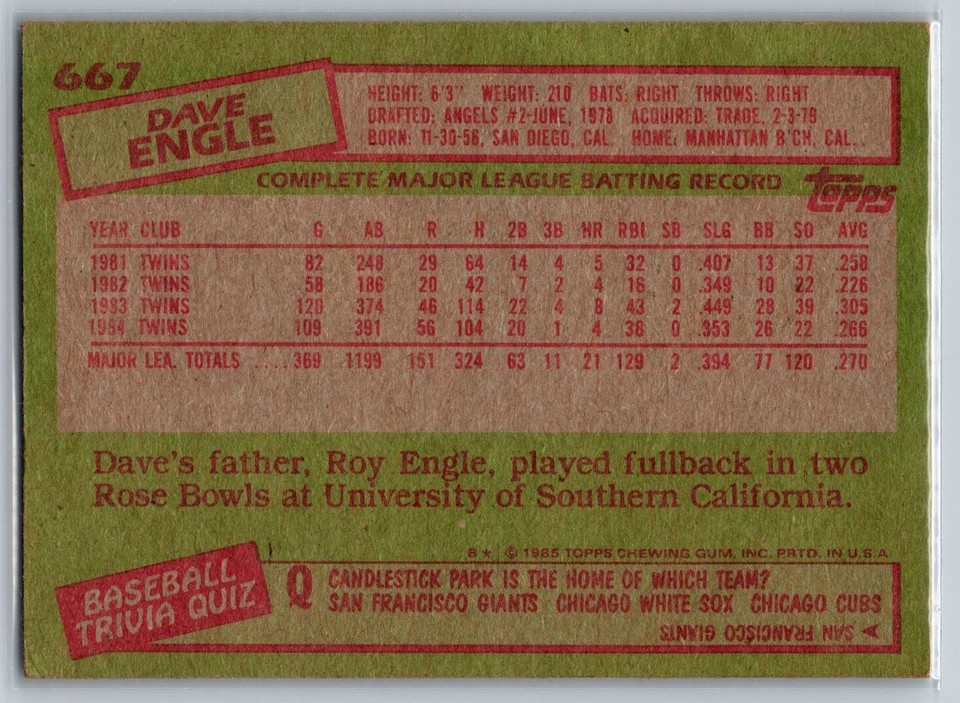 1985 Topps - #667 Dave Engle Minnesota Twins MLB Baseball Card | eBay