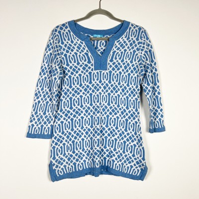 J. Mclaughlin Cotton Modal Stretch Knit Blue White Printed Tunic ...