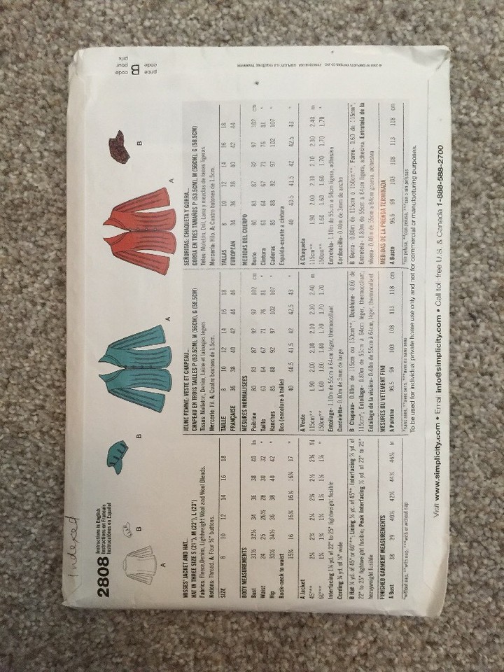 Simplicity Pattern 2808 Fleece / Wool Misses' Jacket Size 8-18 & Hat ...