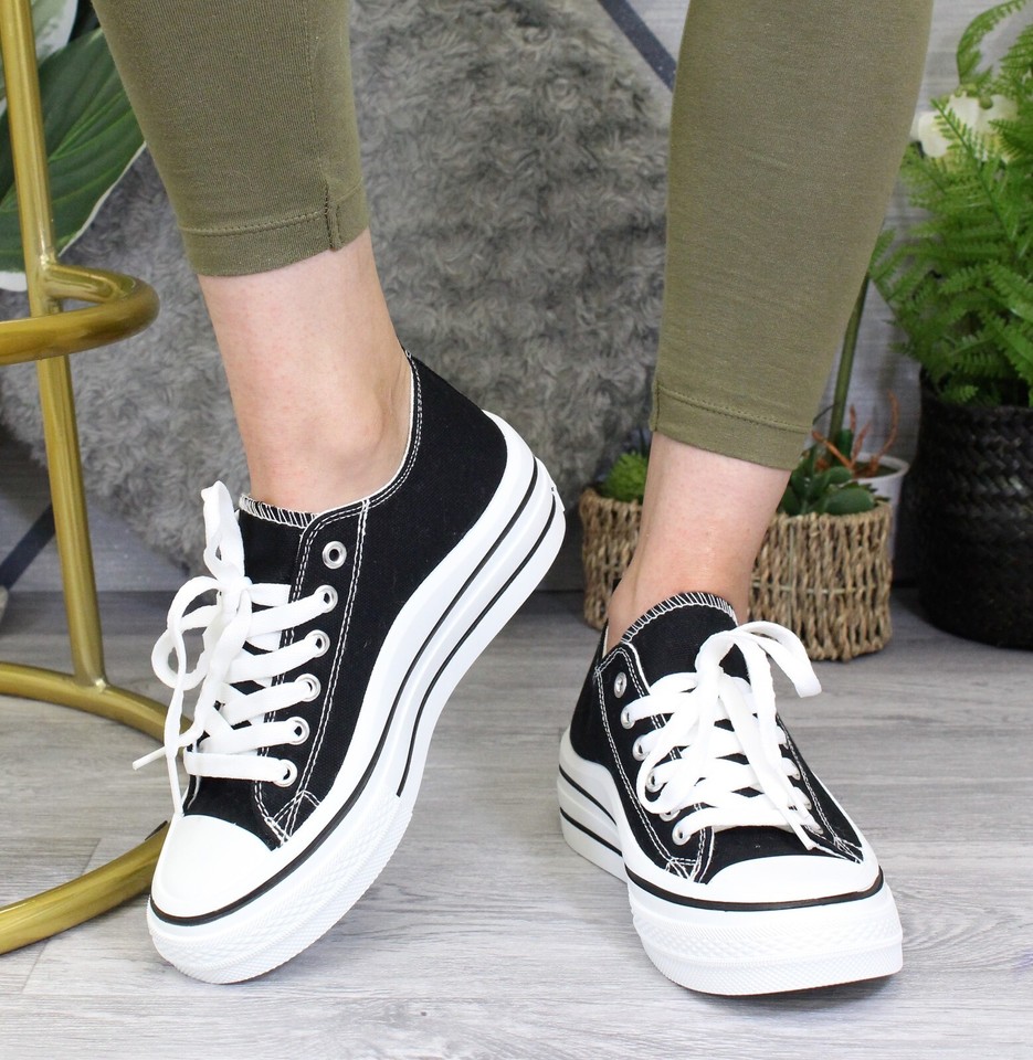 Ladies Canvas Trainers Platform Sneakers Plimsolls Lace Up Pumps Women ...
