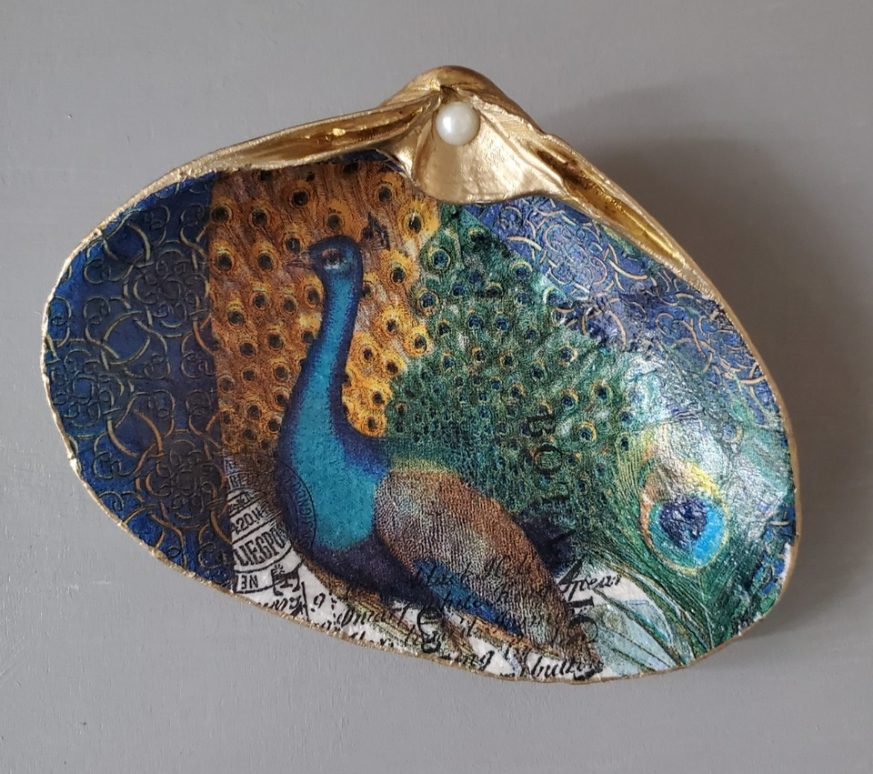 Decoupage Seashell Peacock with Faux Pearl, Trinket Dish or Natural ...