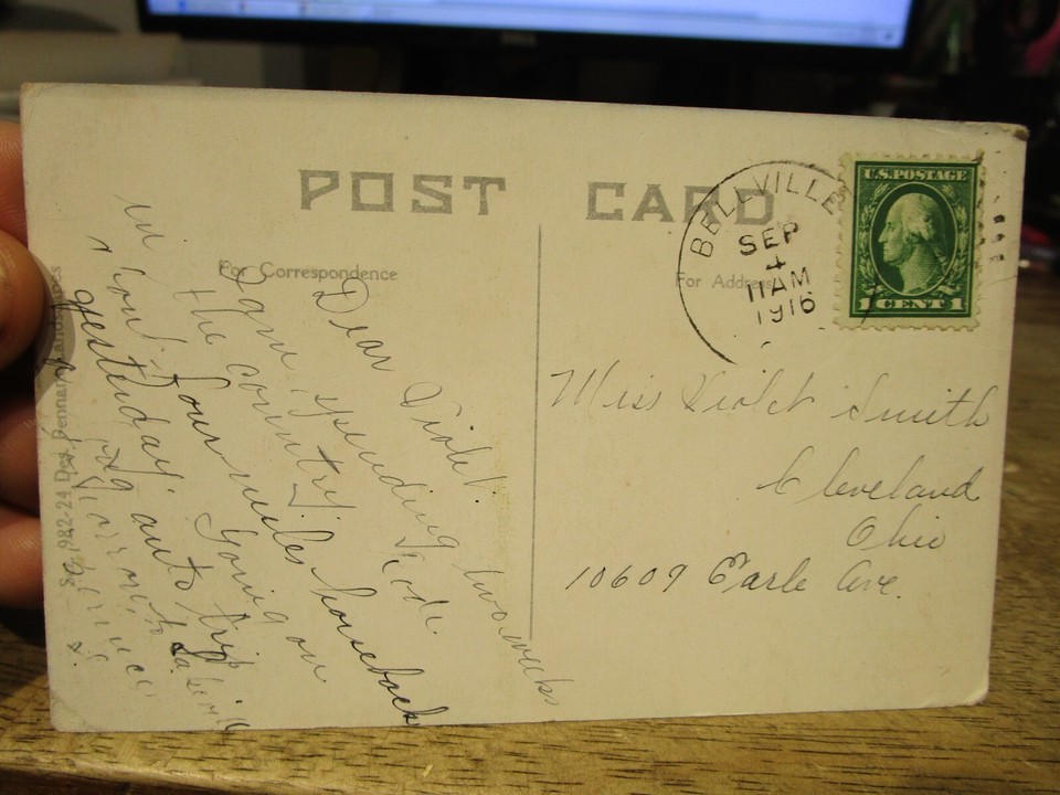 J1 Vintage Old Victorian Era OHIO Greetings Postcard BELLVILLE Flag ...